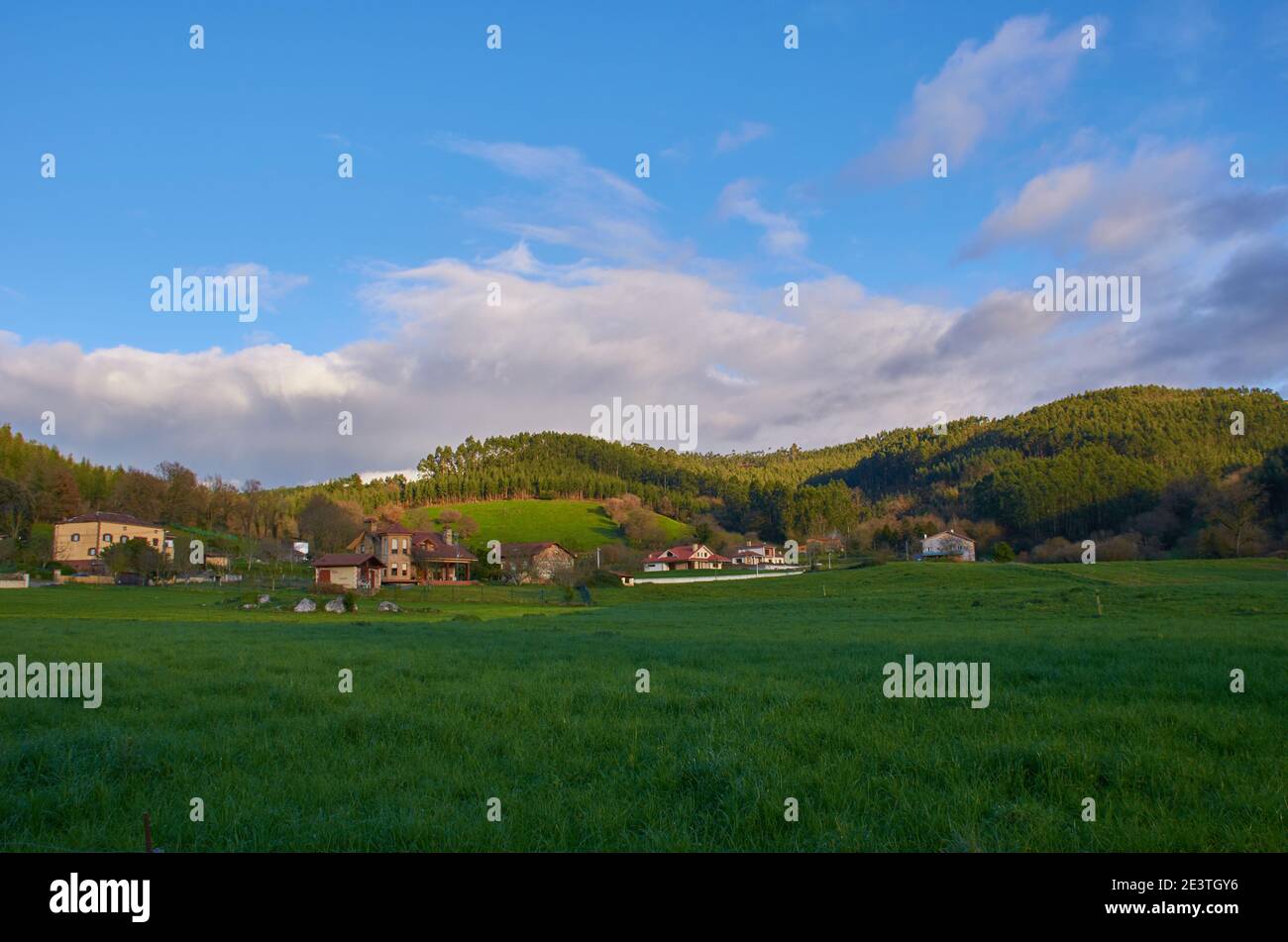 A typical landscape of northern Spain with evergreen meadows Stock ...