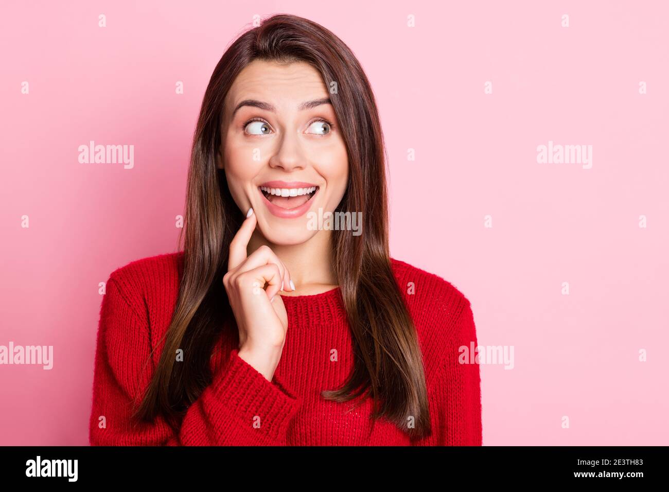 Photo portrait of happy pretty girl dreaming thinking about wish new ...