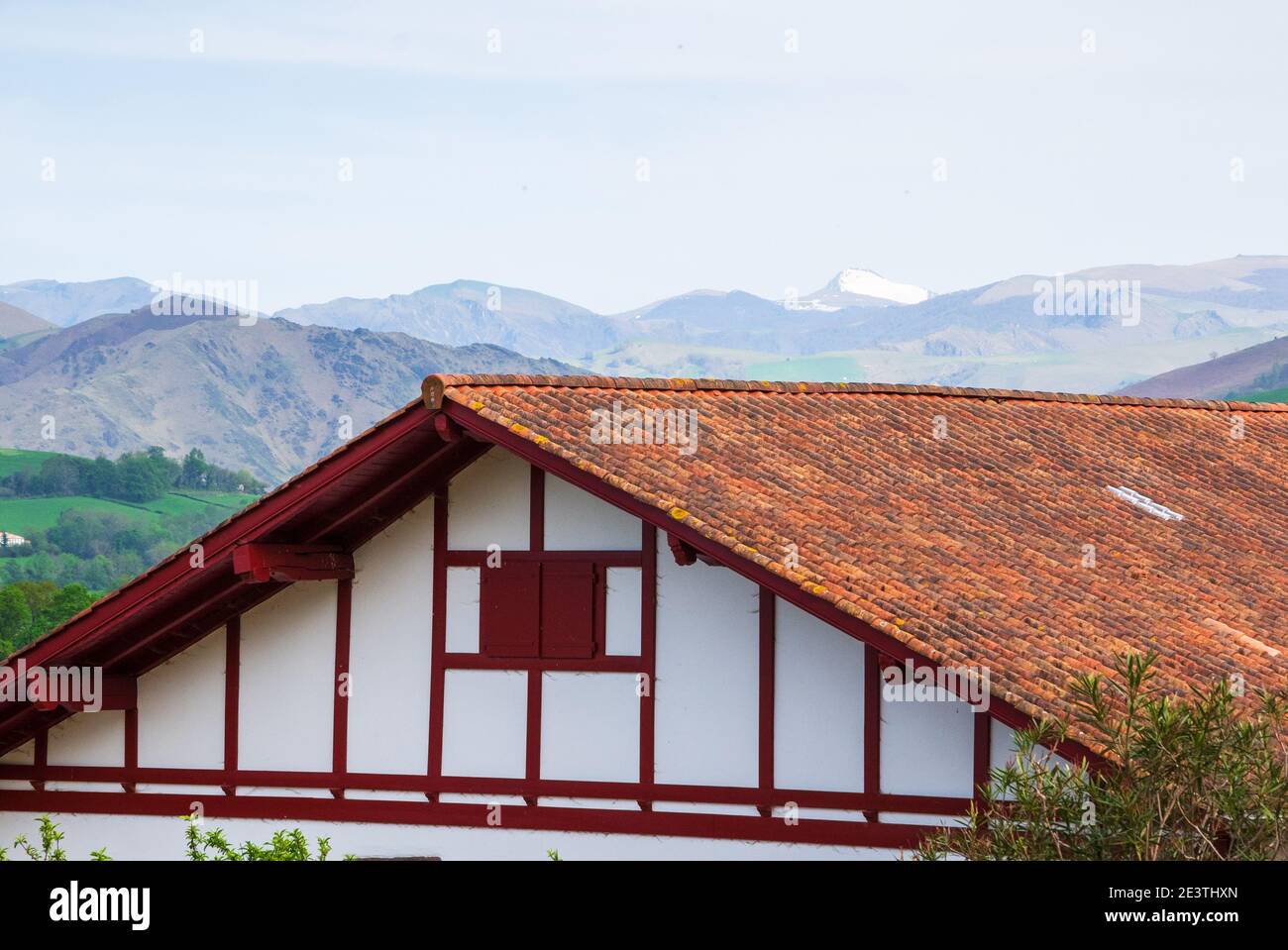 French Basque Country landscape with traditional architecture house and ...