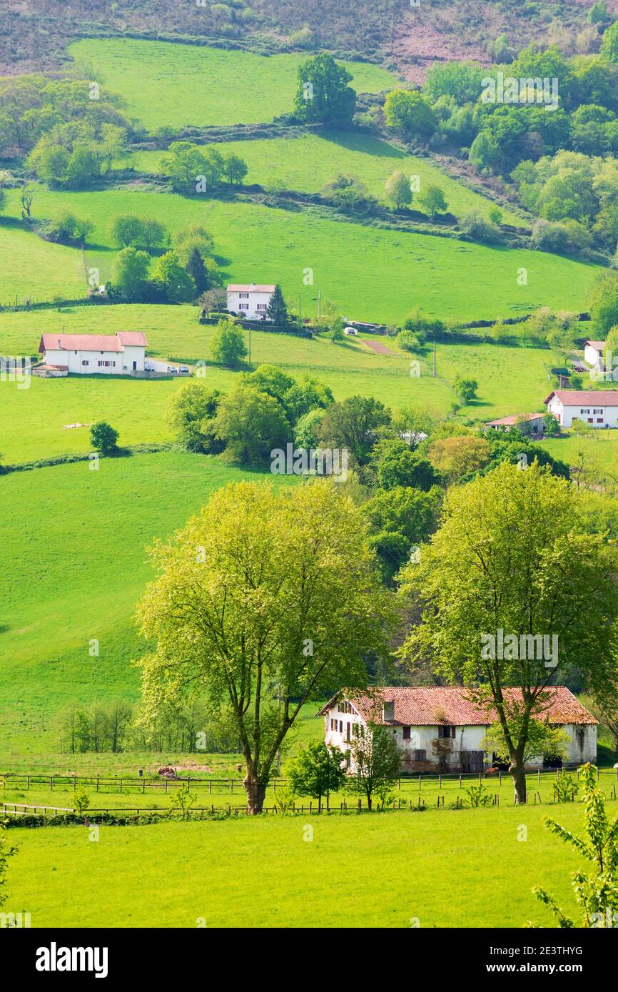 French Basque Country landscape with farm houses at background. France ...