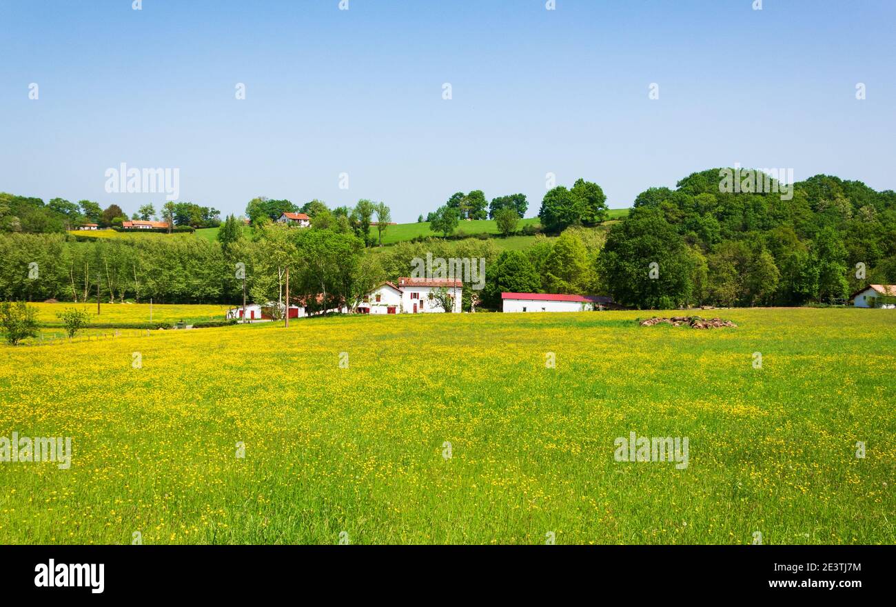 French Basque Country landscape with typical farmhouses. Rural ...