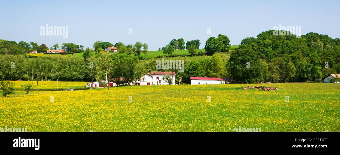 French Basque Country landscape with typical farmhouses. Rural ...