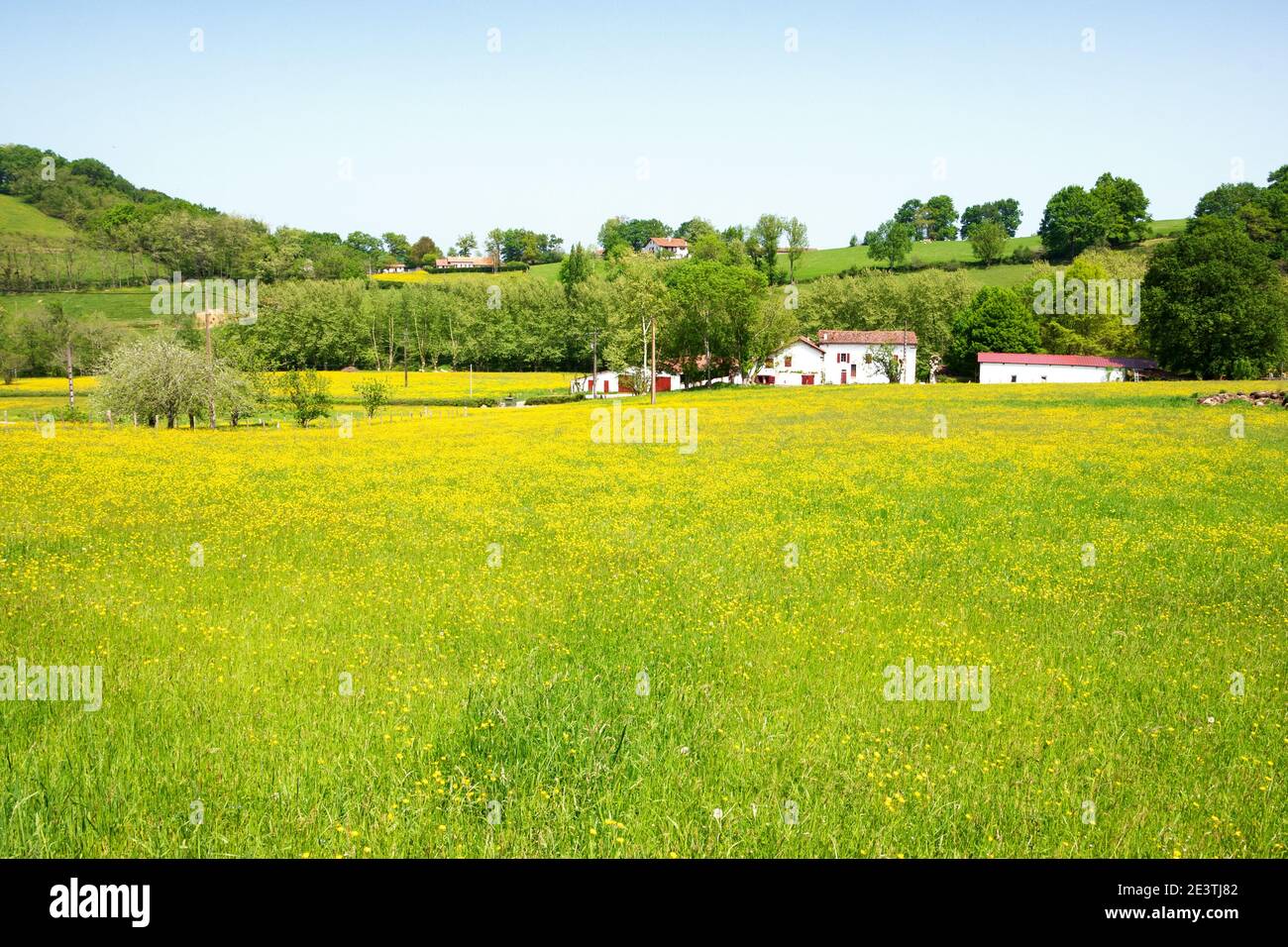 French Basque Country landscape with traditional architecture houses at ...