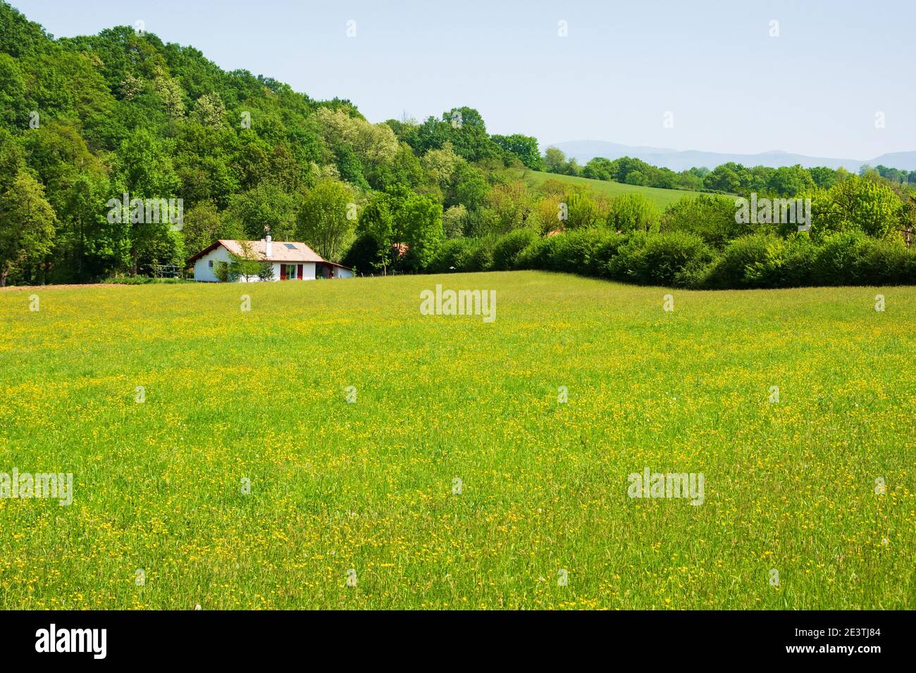 French Basque Country landscape with typical farmhouse and forested ...