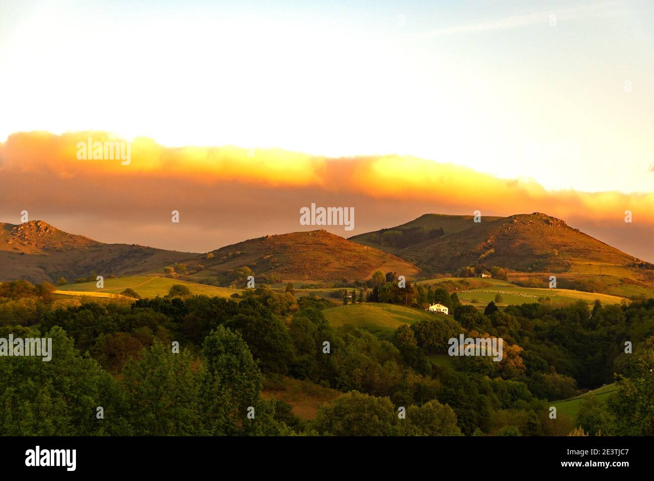 French Basque country landscape in beautiful golden sunset light ...