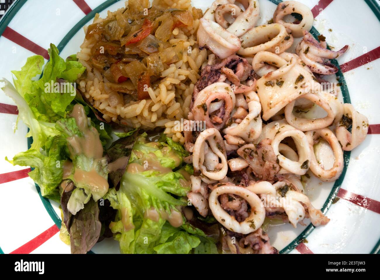 Gourmet dish at traditional French Basque country restaurant. Squid ...