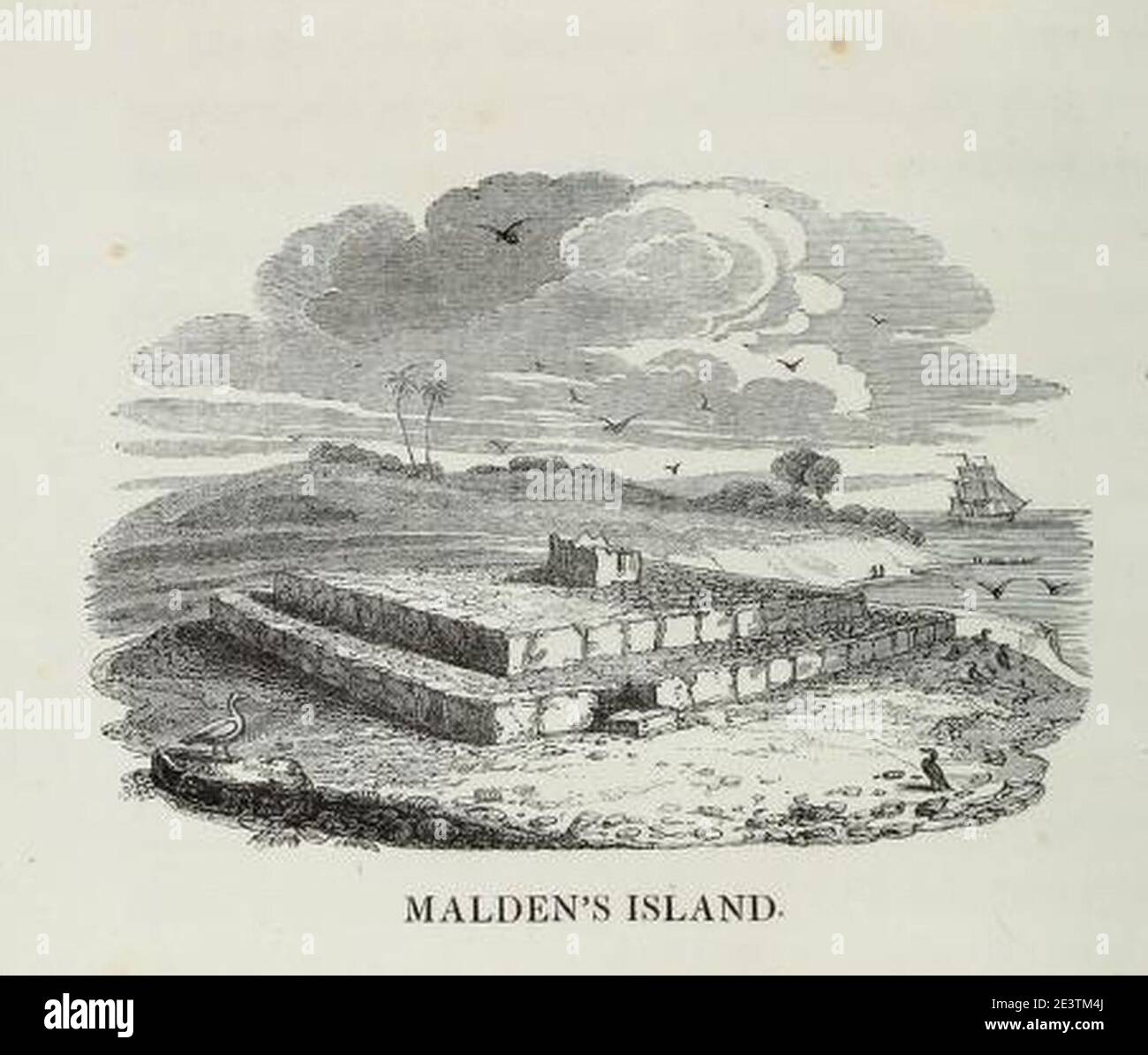 Malden Island's ceremonial place and HMS Blonde by ship artist Robert ...