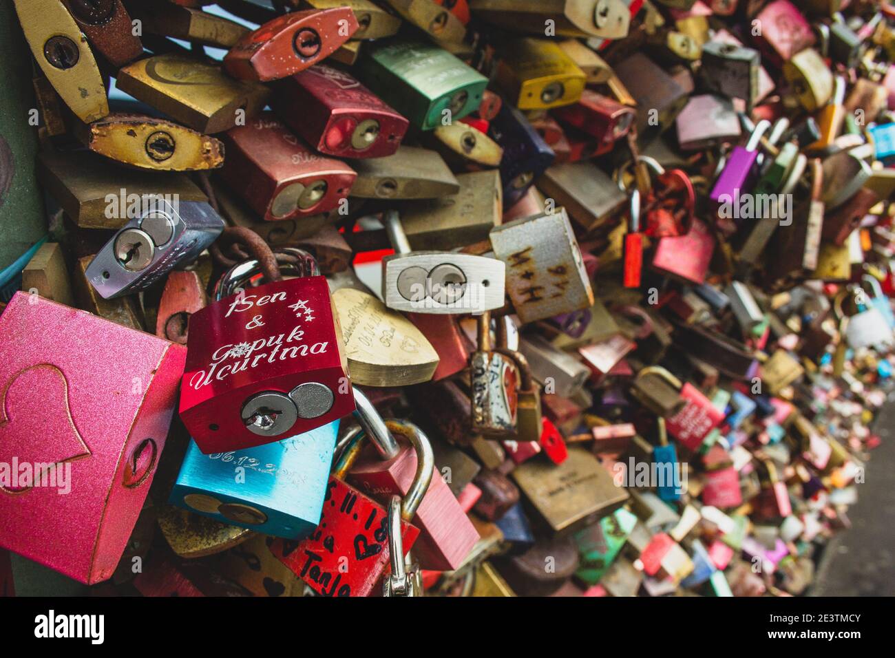 COLOGNE, GERMANY - May 20 2019 : Famous love padlocks hanging at ...