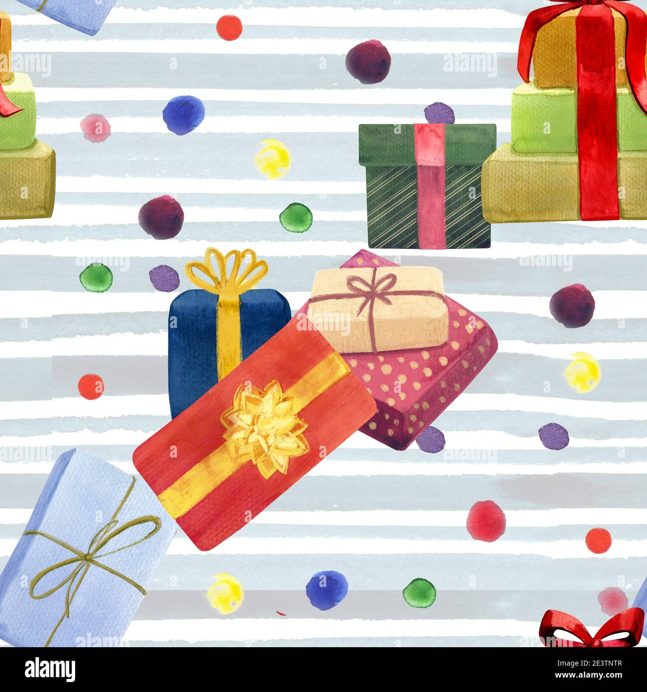 Pattern with watercolor illustration gift boxes on light blue color ...