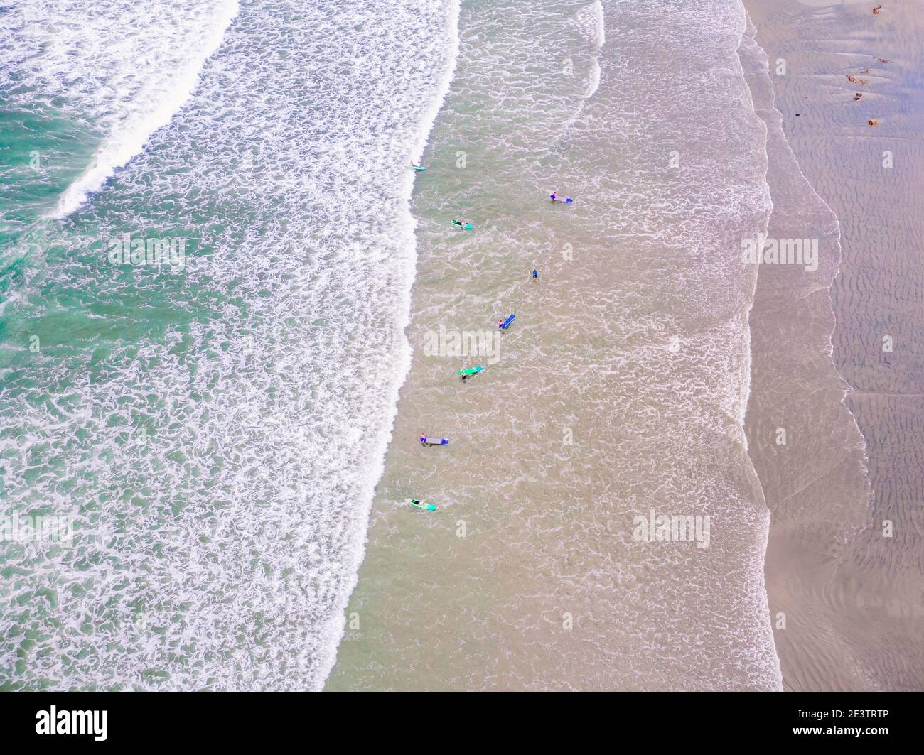 drone aerial view over the beach with waves at Long beach Tofino ...
