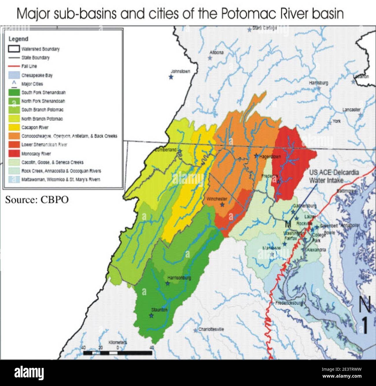 Major sub-basins and cities of the Potomac River basin Stock Photo - Alamy