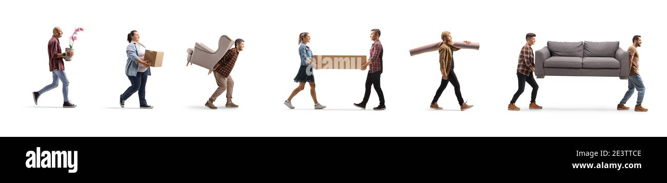 Young people carrying household items isolated on white background ...