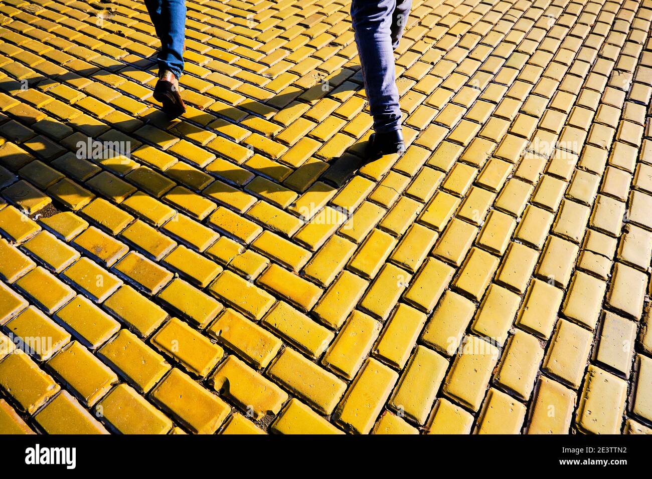 Walking men on lively yellow cobblestone and pedestrian way in Sofia ...