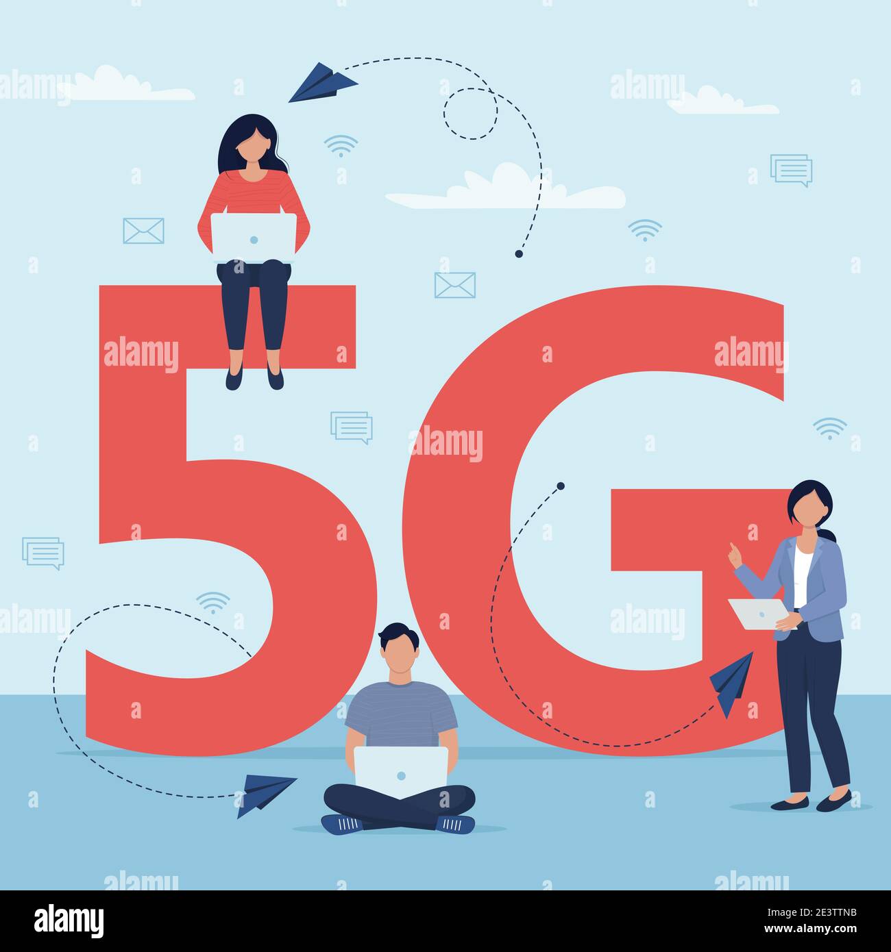 5G network wireless technology concept. People Character with gadgets use high-speed internet ...