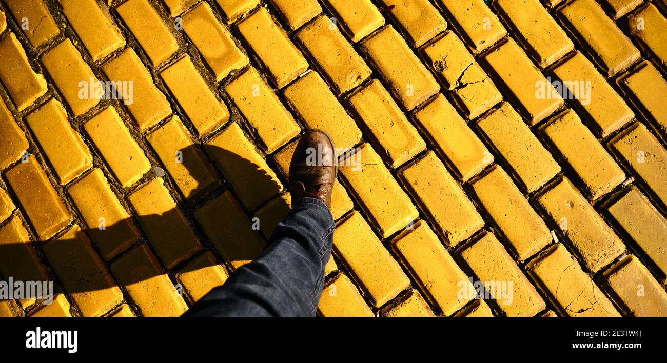 Walking men on lively yellow cobblestone and pedestrian way in Sofia ...