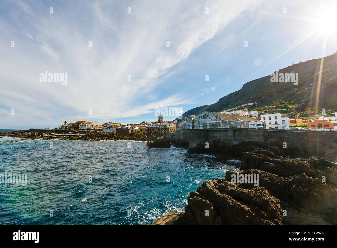 Aerial view of Garachico village on the coast of Atlantic ocean in ...