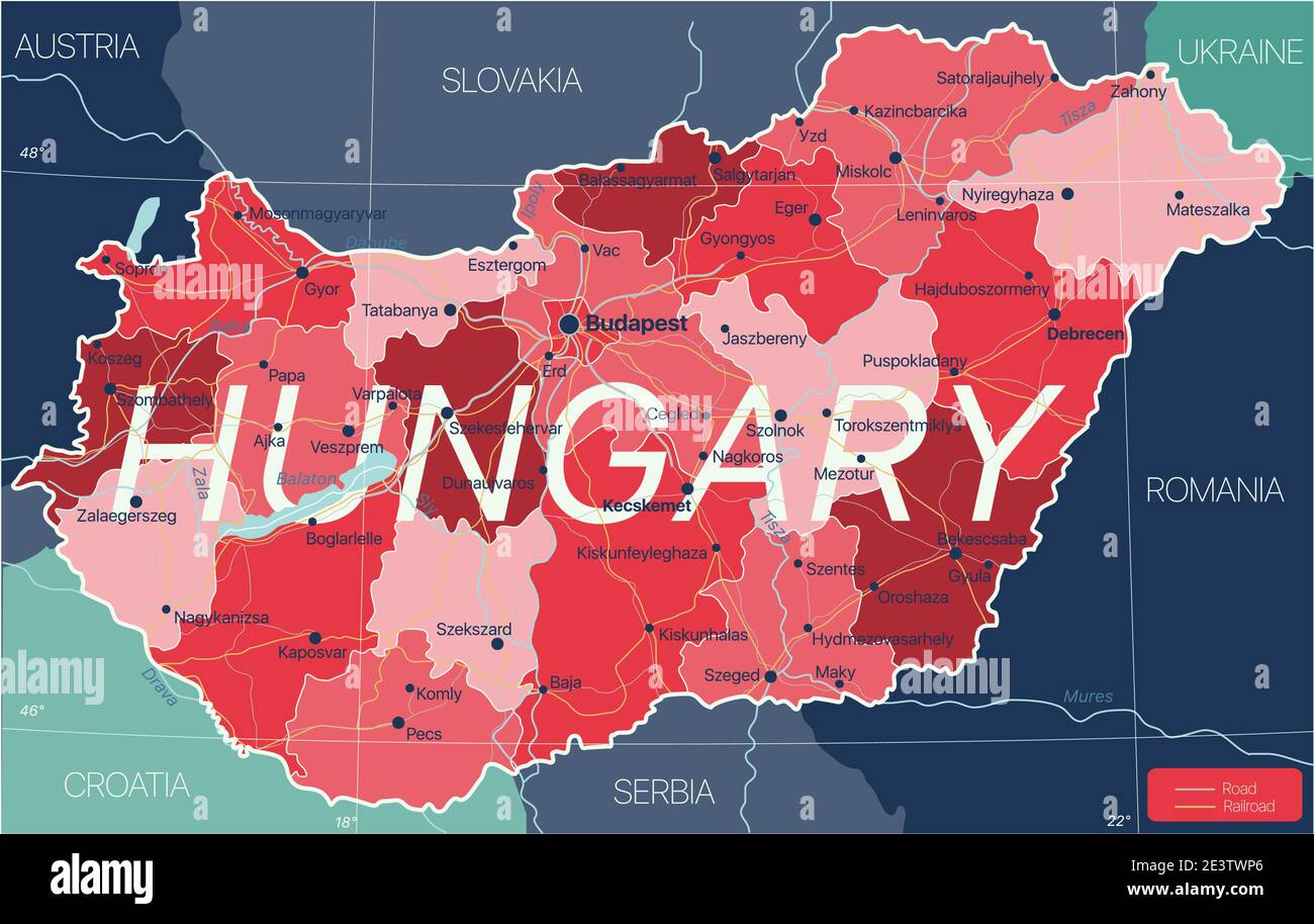 Hungary country detailed editable map with regions cities and towns ...