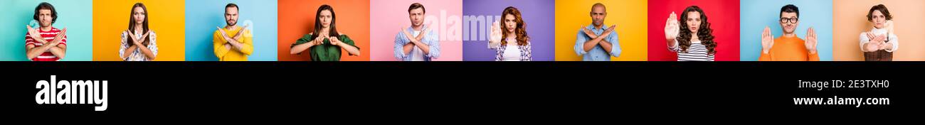 Collage image of ten multiethnic person different skin say no cross ...