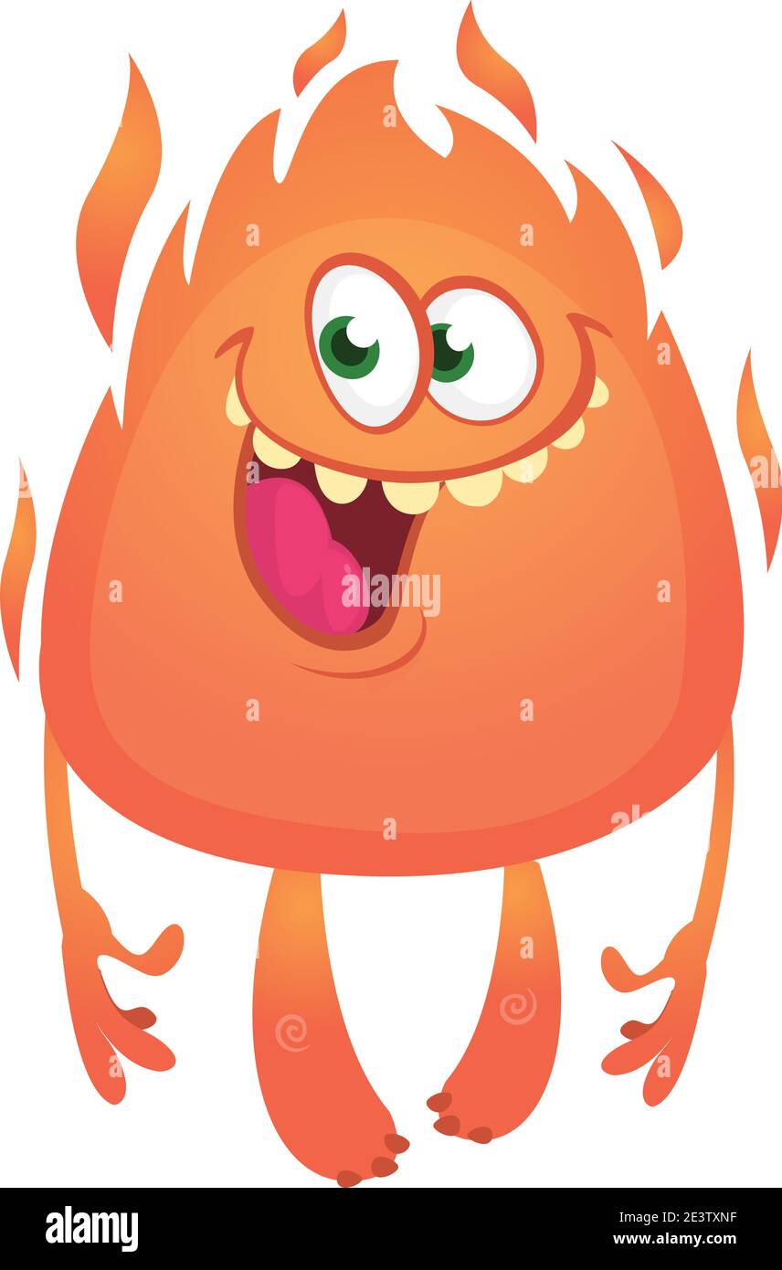 Funny cartoon monster with fire head. Vector illustration of cute ...