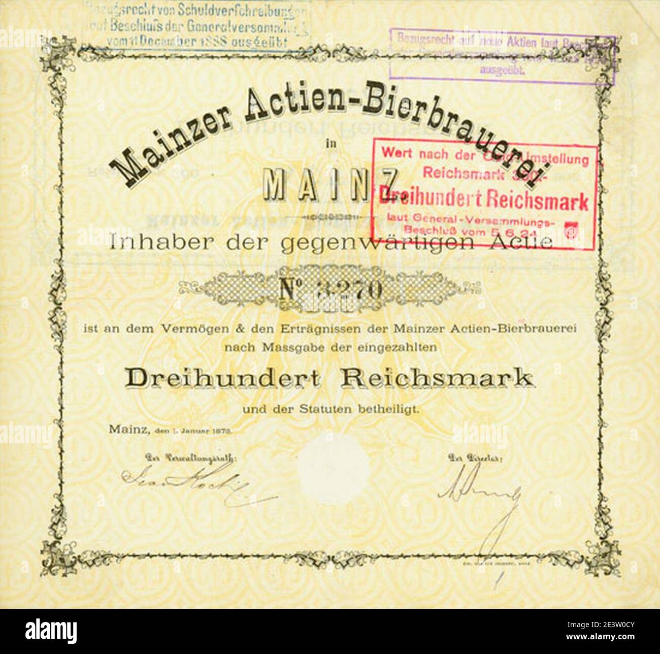 Mainzer Actien-Bierbrauerei 300 RM 1873 Stock Photo - Alamy