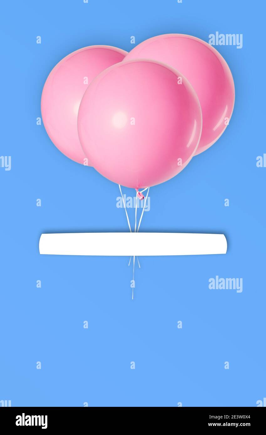 Three pink balloons on light blue background, space for text, banner ...