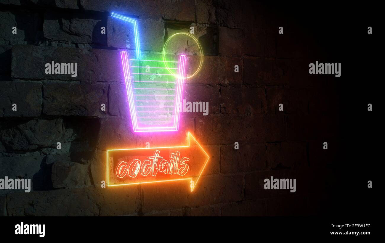 Cocktail neon sign, bright signboard, luminous banner. Cocktail logo ...