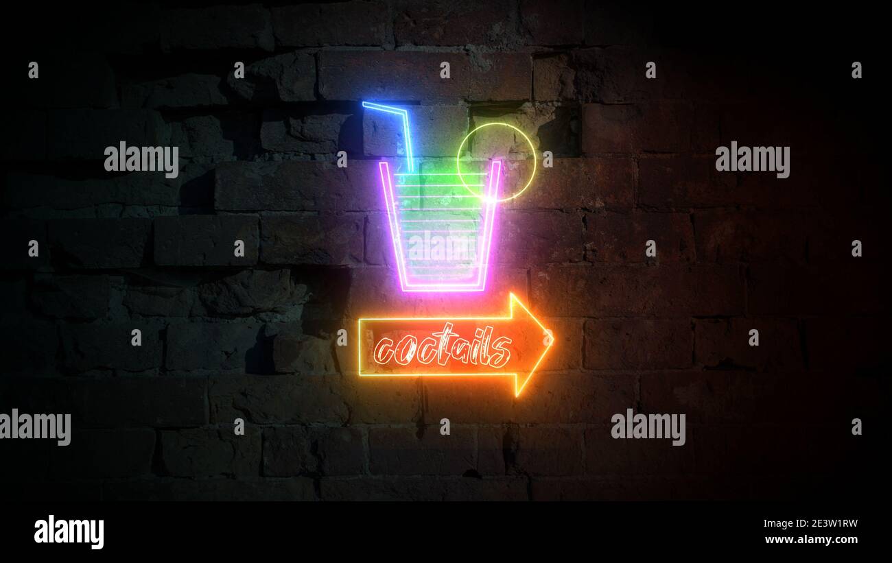 Cocktail neon sign, bright signboard, luminous banner. Cocktail logo ...