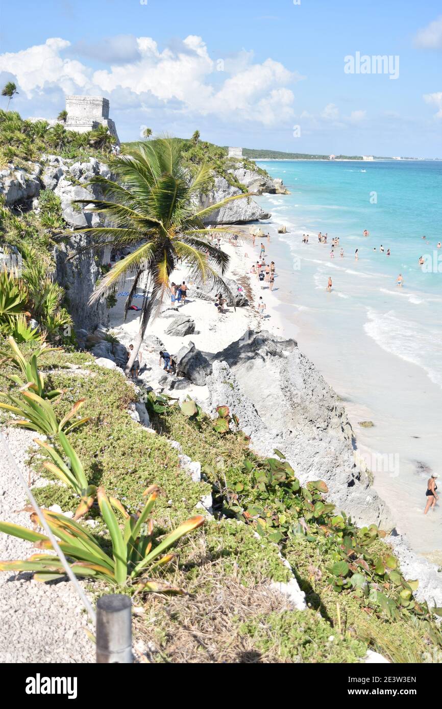 View of the beach next to the ancient Maya city of Tulum, Yucatan ...