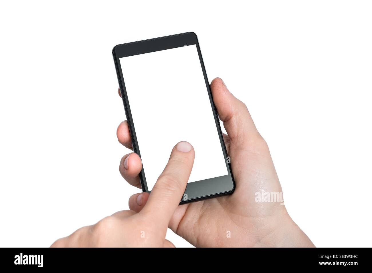 Mobile with blank white touch screen in hands of woman isolated on ...