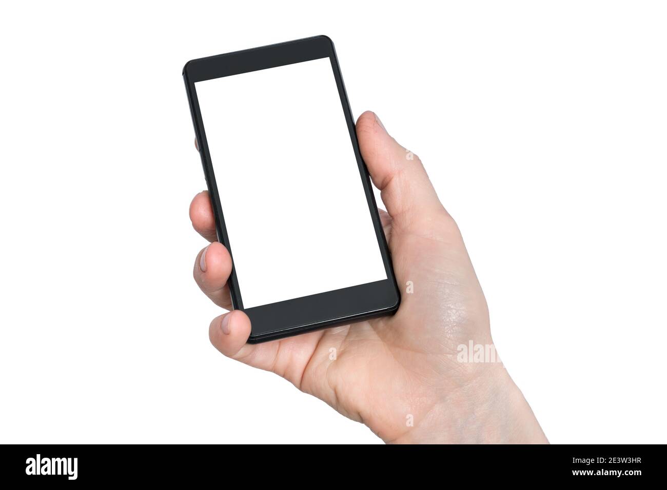 Mobile with blank white touch screen in hand of woman isolated on white ...