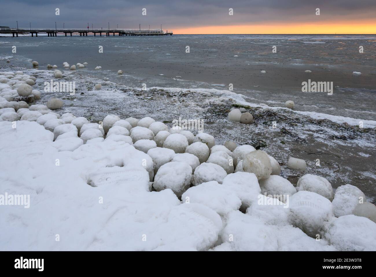 Natural ice balls on the beach in Jastarnia during winter. Hel ...