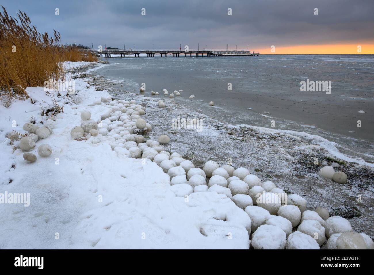 Natural ice balls on the beach in Jastarnia during winter. Hel ...