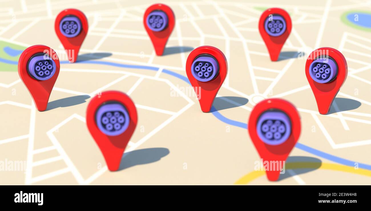 Electric car chargers network. Map pointers with electric vehicle plug on a city map background ...