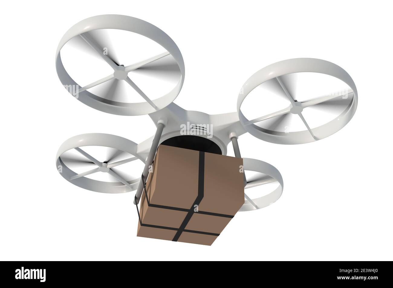 Drone is delivering carton box package isolated on white background. 3D ...