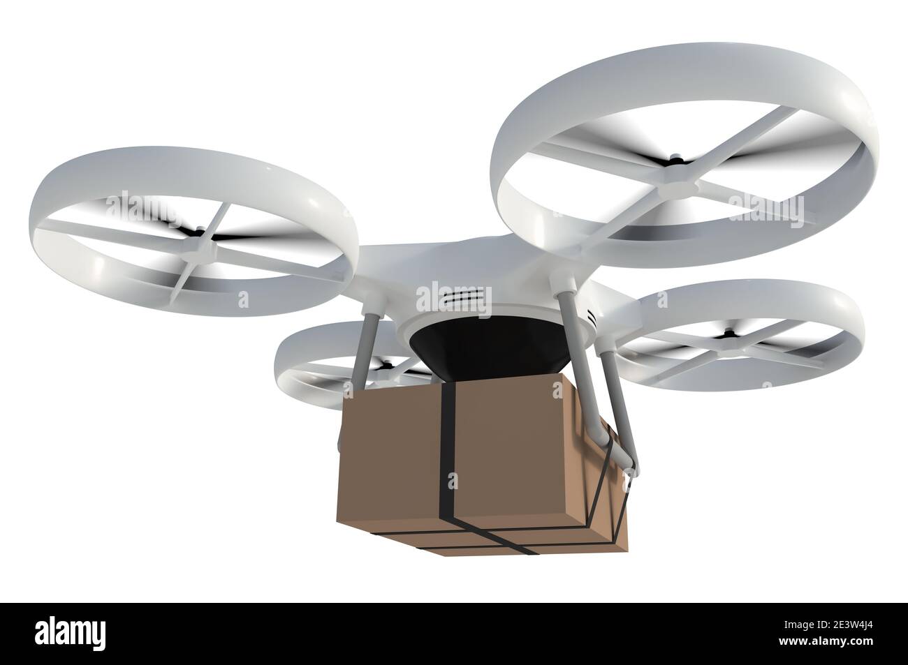 Drone is delivering carton box package isolated on white background. 3D ...