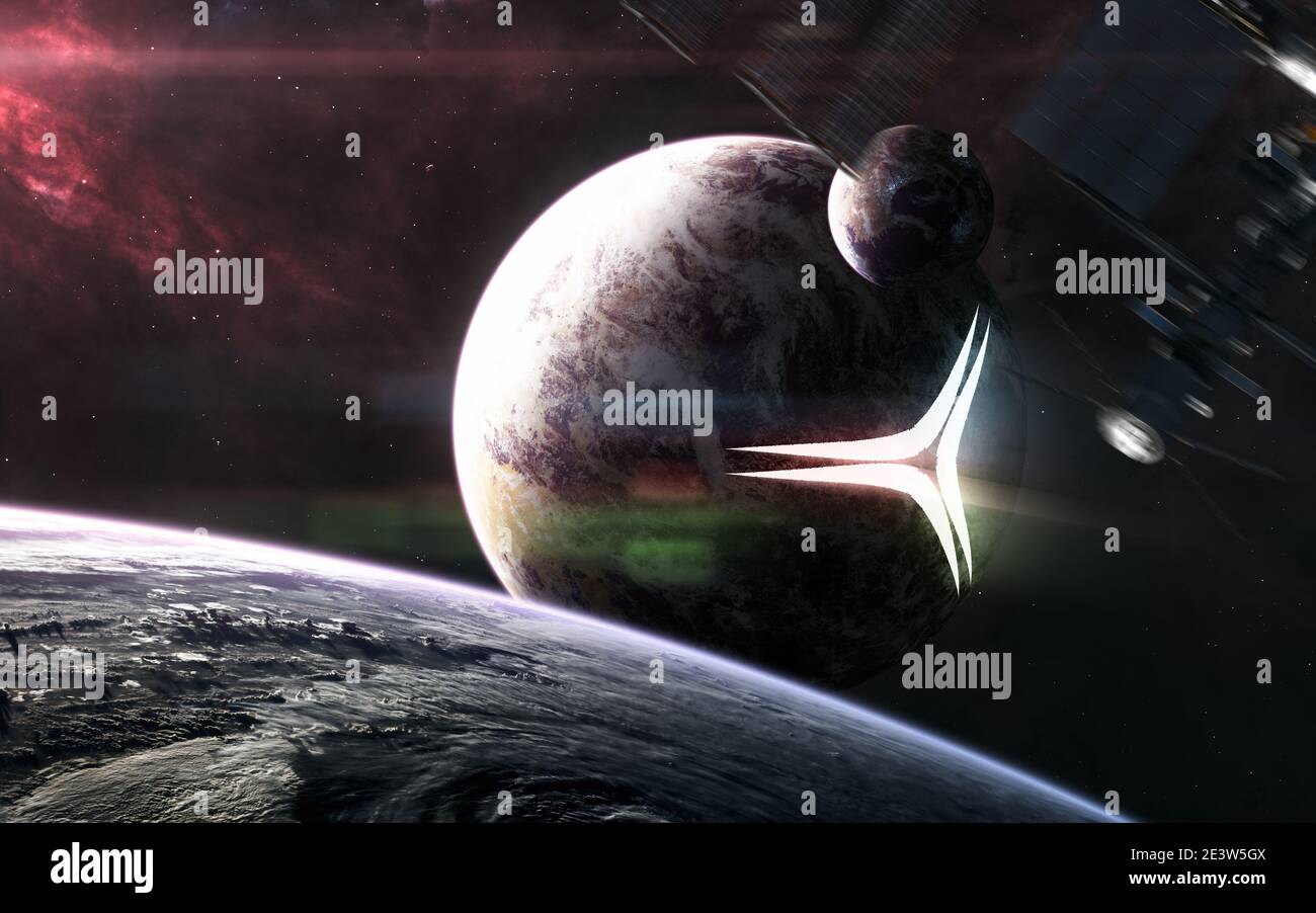 Deep space planets. Giant inertial thrusters on the planet's surface ...