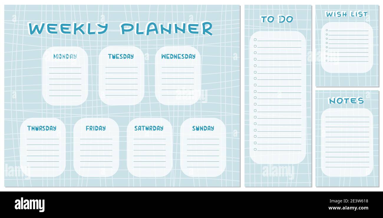 Weekly planner, To do list, Notes, Wish list on blue white squared ...