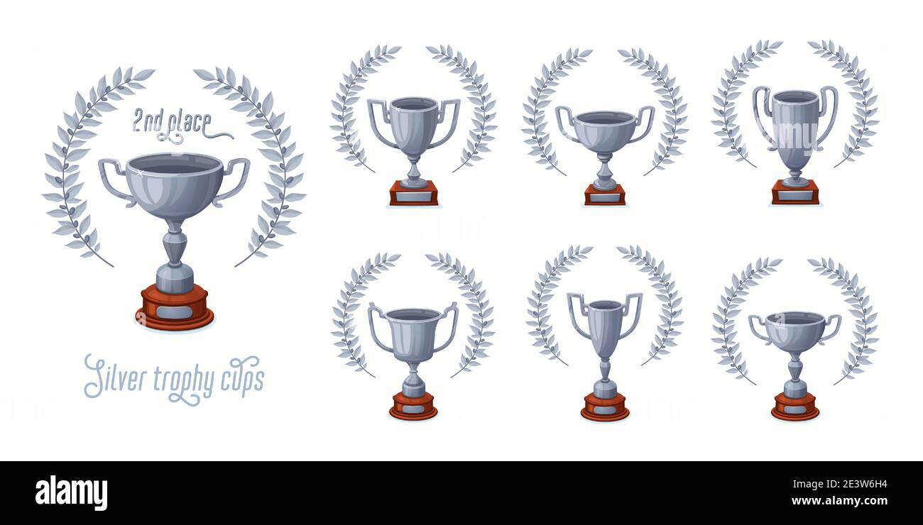 Silver trophy cups with laurel wreaths. Trophy award cups set with ...