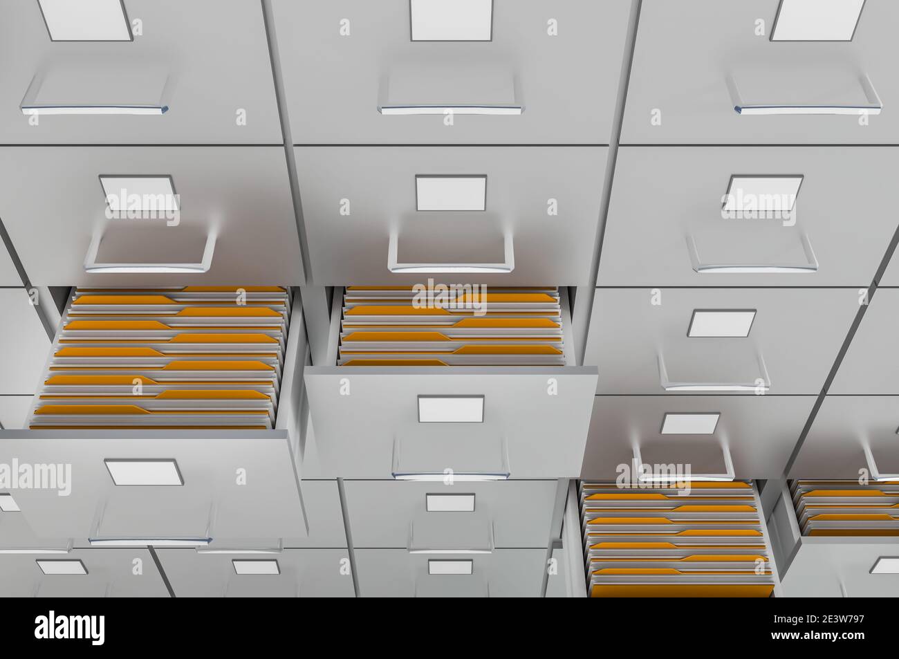 Filing cabinet with yellow folders in an open drawers - data collection concept. 3D rendered ...