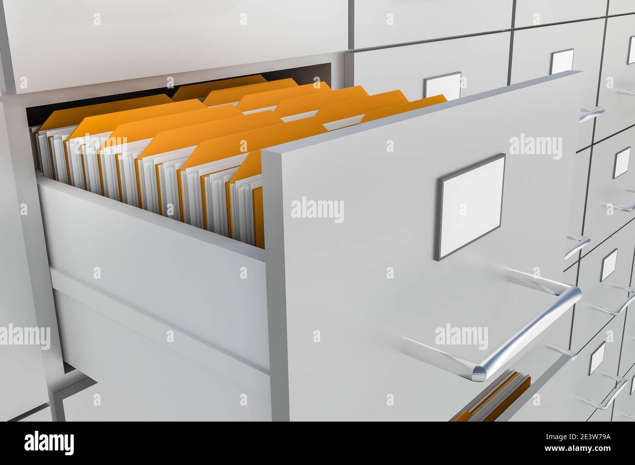 Open filing cabinet drawer with documents inside - data collection concept. 3D rendered ...