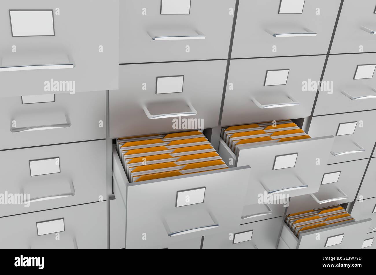 Filing cabinet with yellow folders in an open drawers - data collection concept. 3D rendered ...