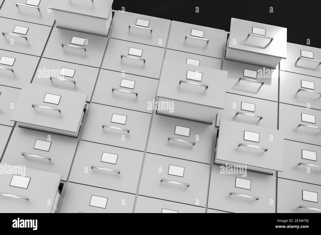 Filing cabinets with open drawers - data collection concept. 3D rendered illustration Stock ...