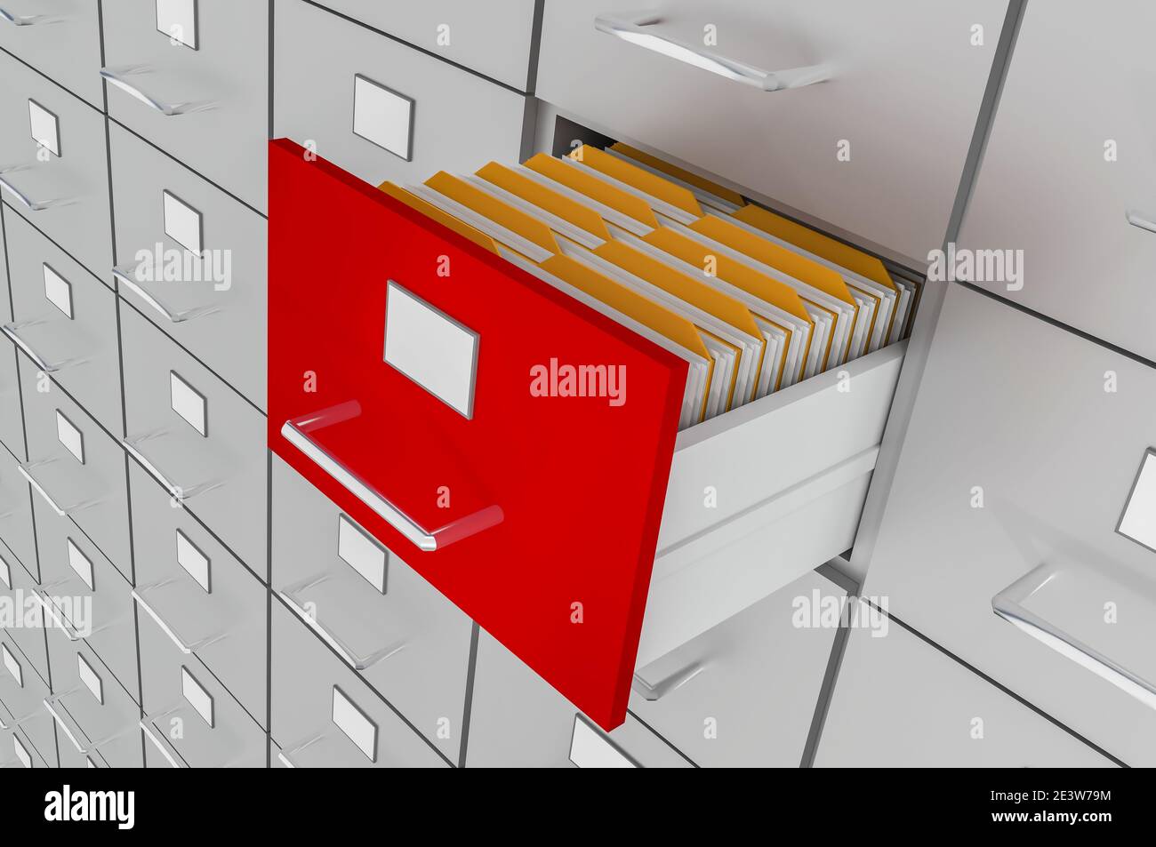 Open filing cabinet drawer with documents inside - data collection concept. 3D rendered ...
