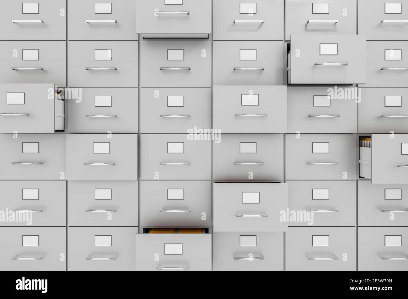 Filing cabinets with open drawers - data collection concept. 3D rendered illustration Stock ...