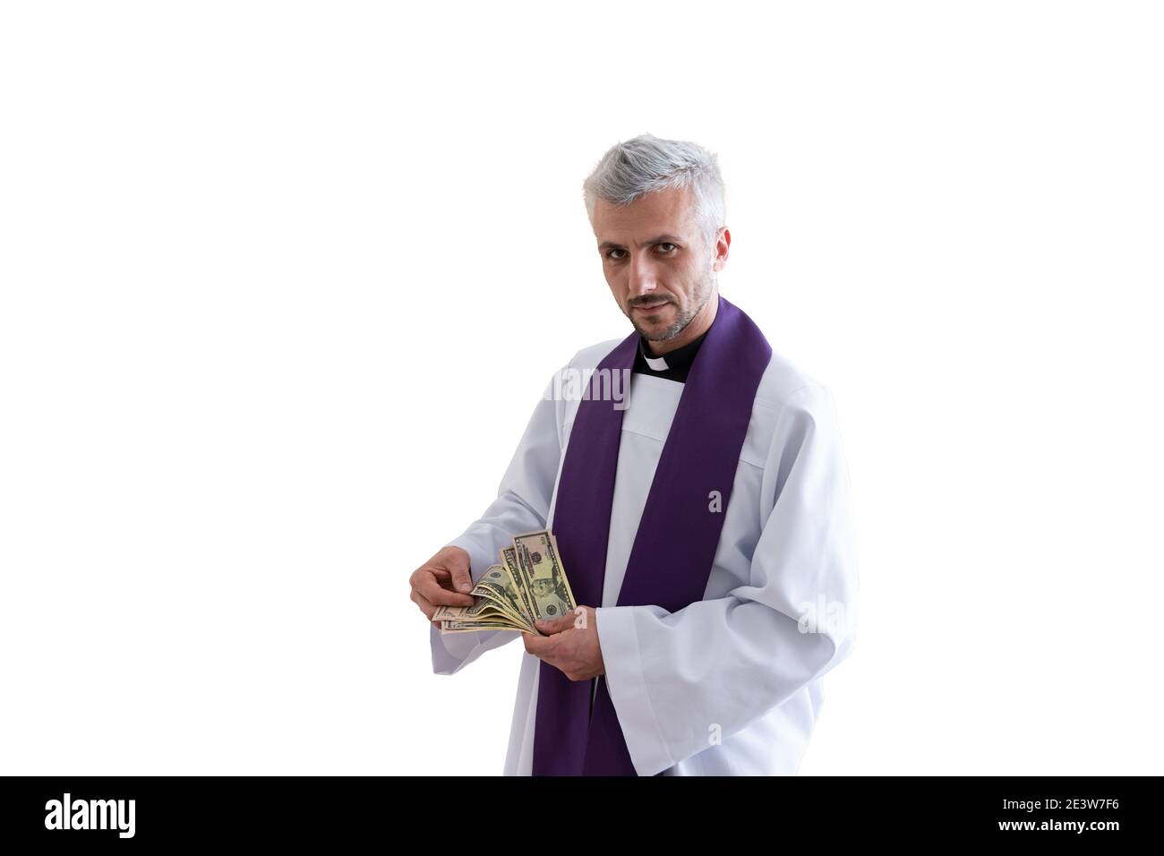 Greedy catholic priest counting money american dollars. Isolated on ...