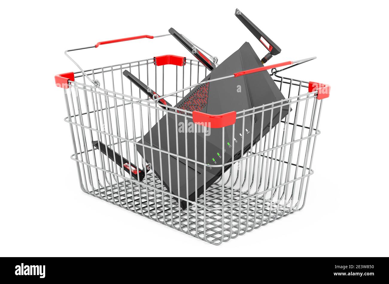 6G wi-fi router inside shopping basket, 3D rendering isolated on white ...