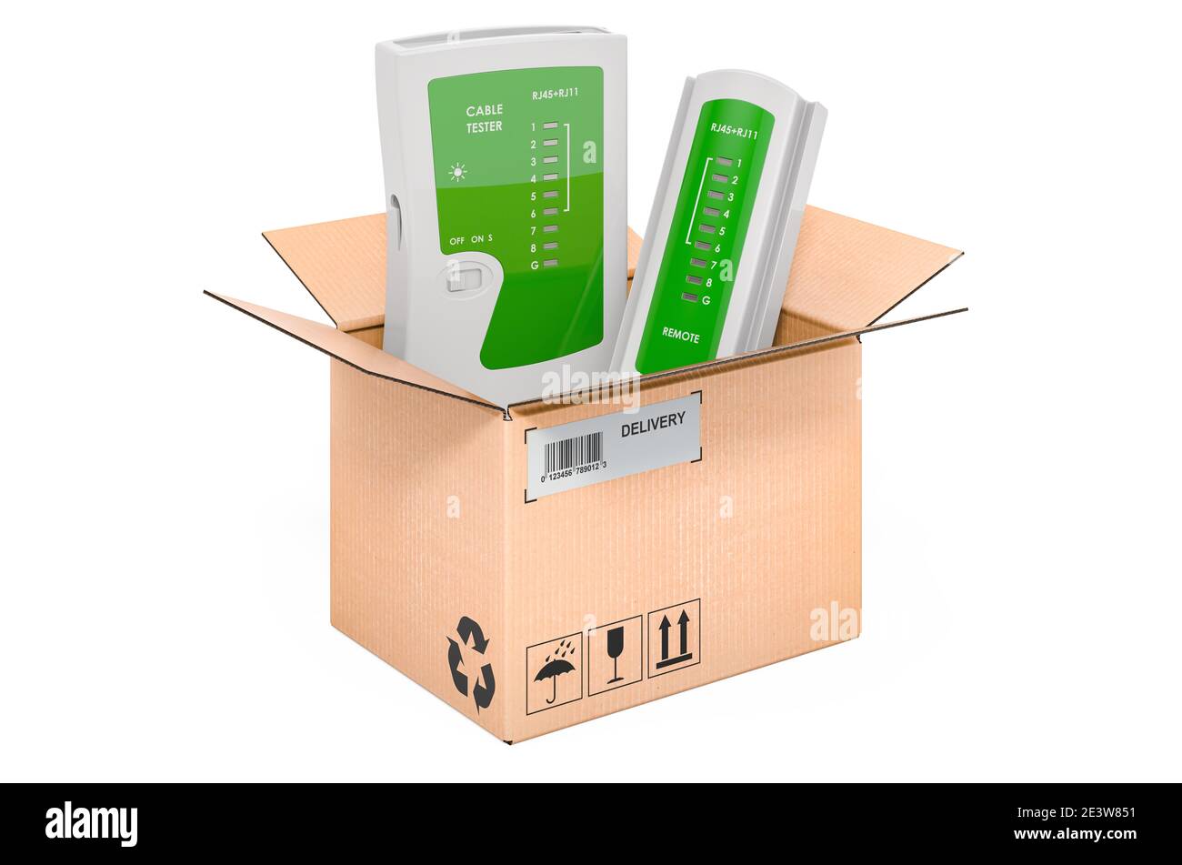 Cable tester inside cardboard box, delivery concept. 3D rendering isolated on white background ...