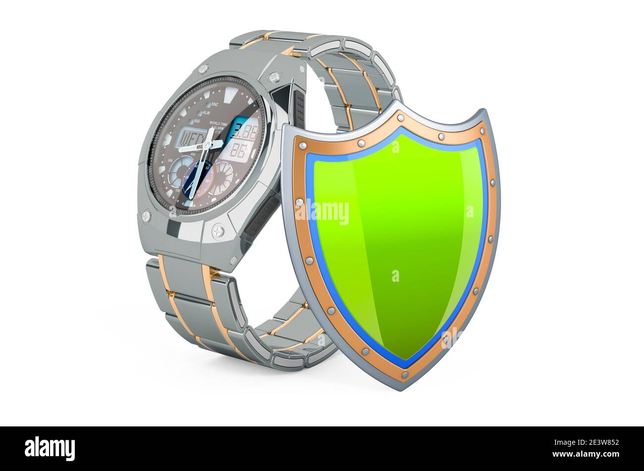 Analog digital watch with shield, 3D rendering isolated on white ...