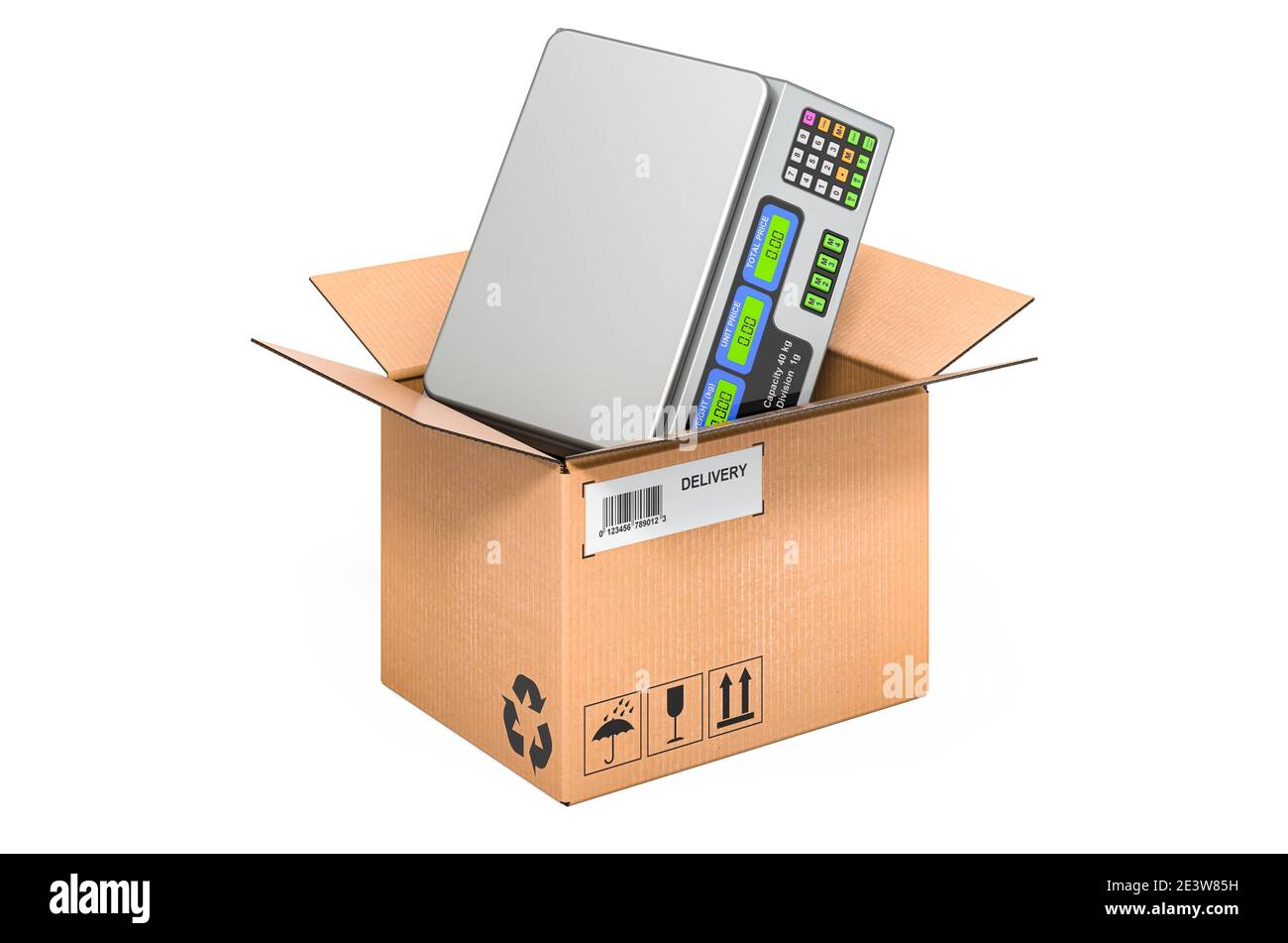 Price computing scale inside cardboard box, delivery concept. 3D ...