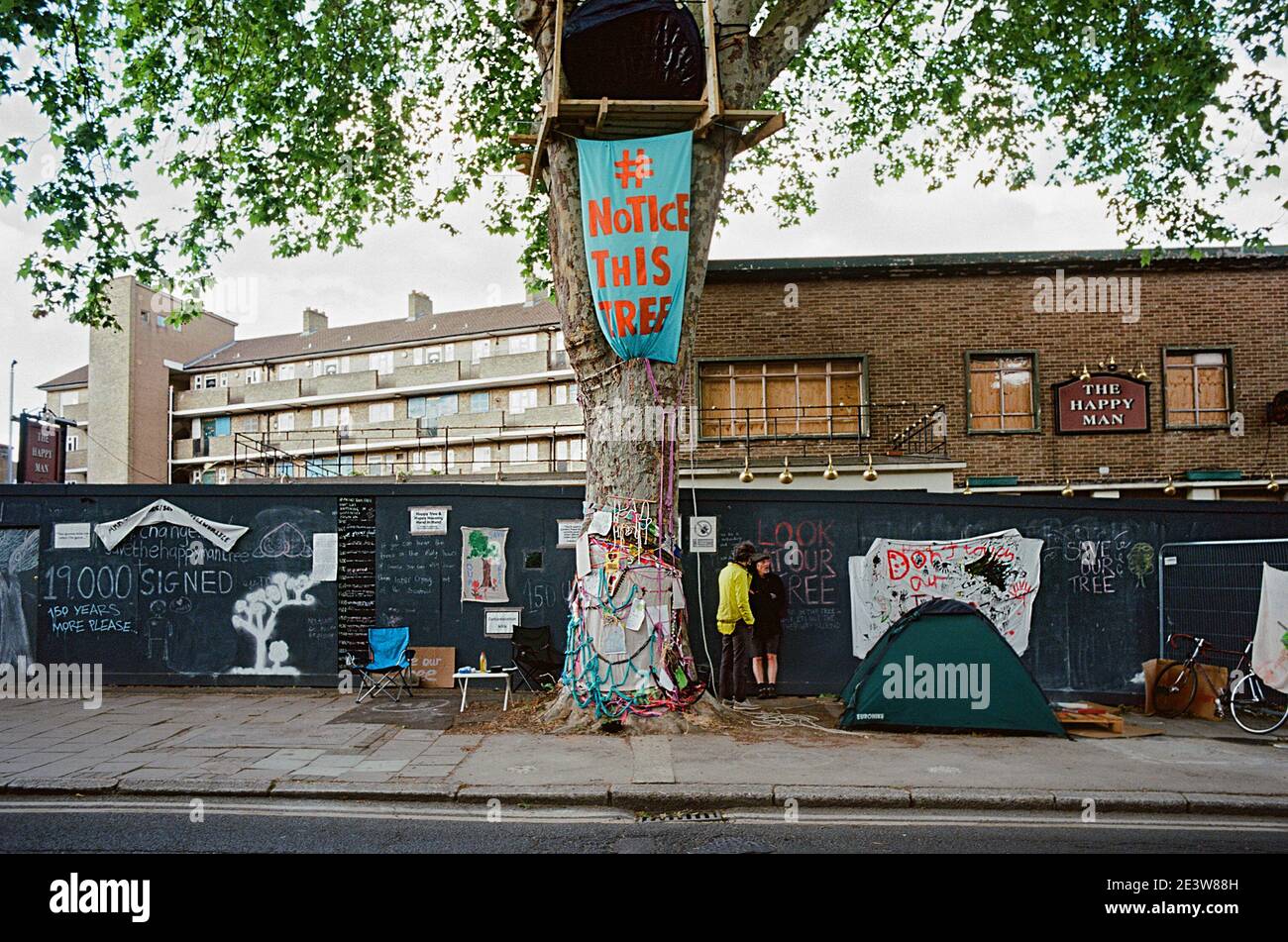 The Happy Man Tree protest at Woodberry Down, Hackney, North London UK ...